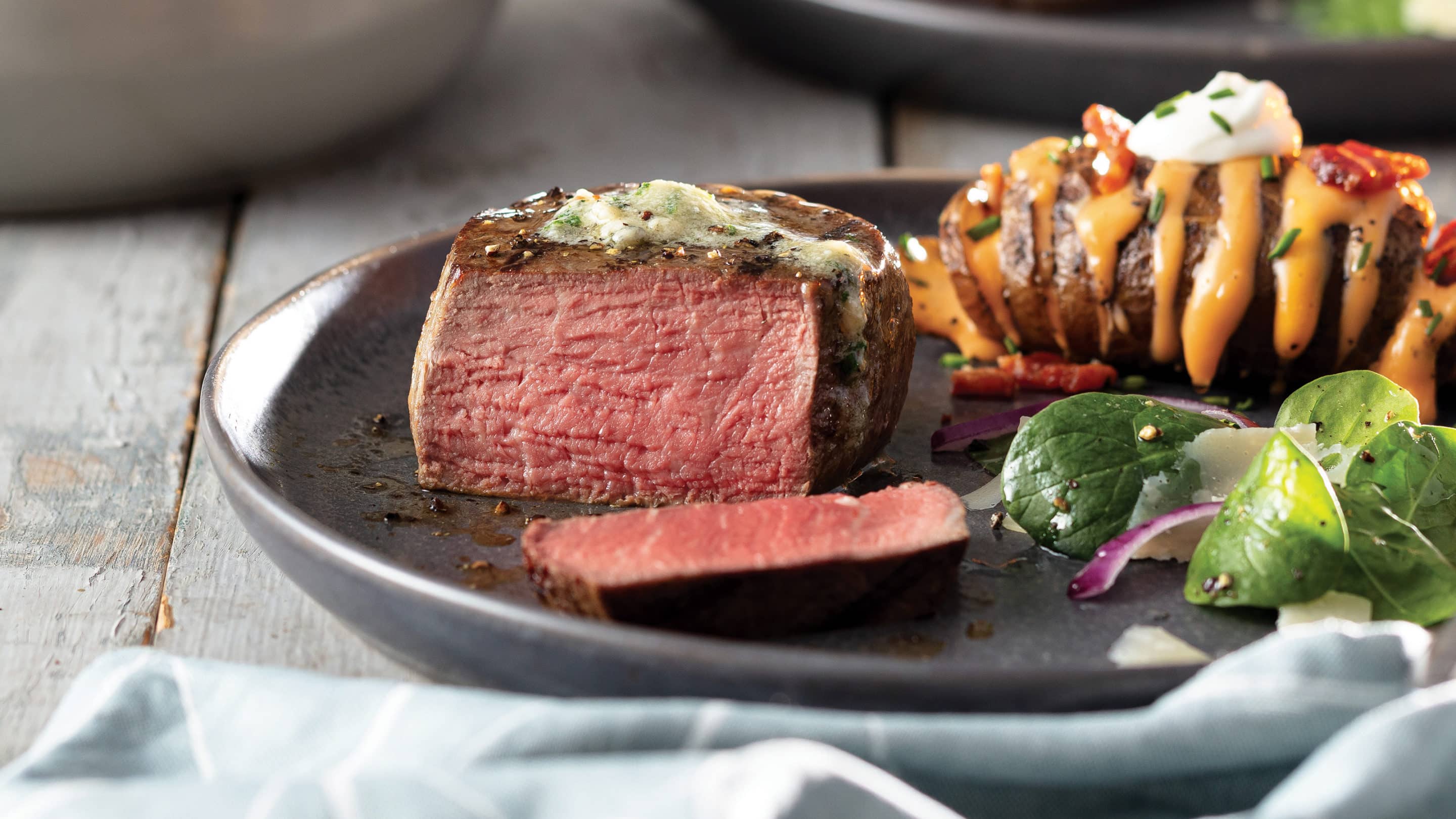 Blue Cheese Chive Butter Rested Filet Mignon With Fully Loaded