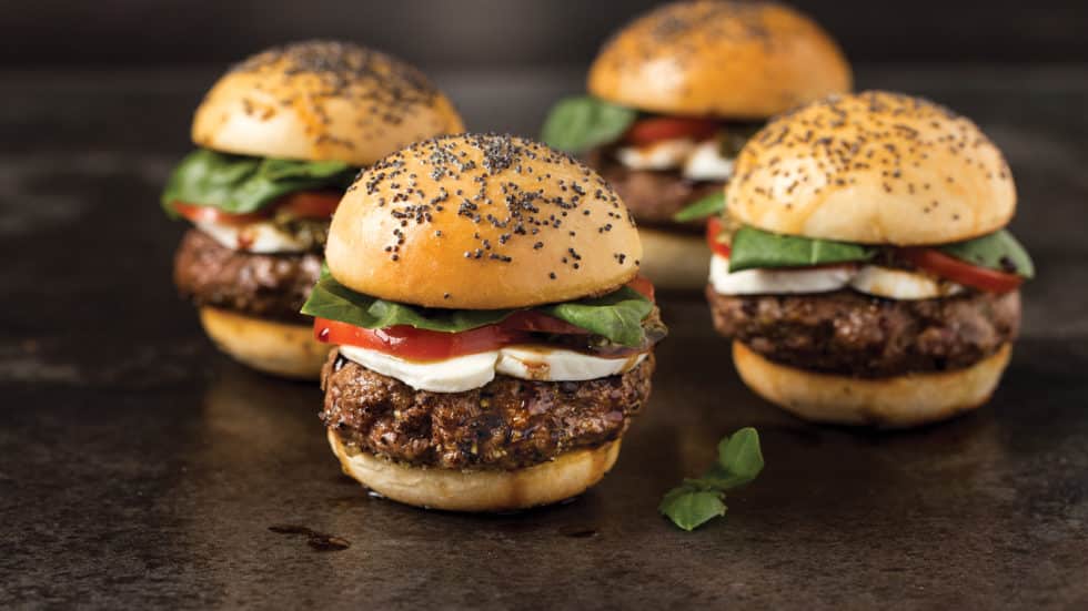 Filet Mignon Sliders with Tomato, Basil, Mozzarella, Balsamic Vinegar