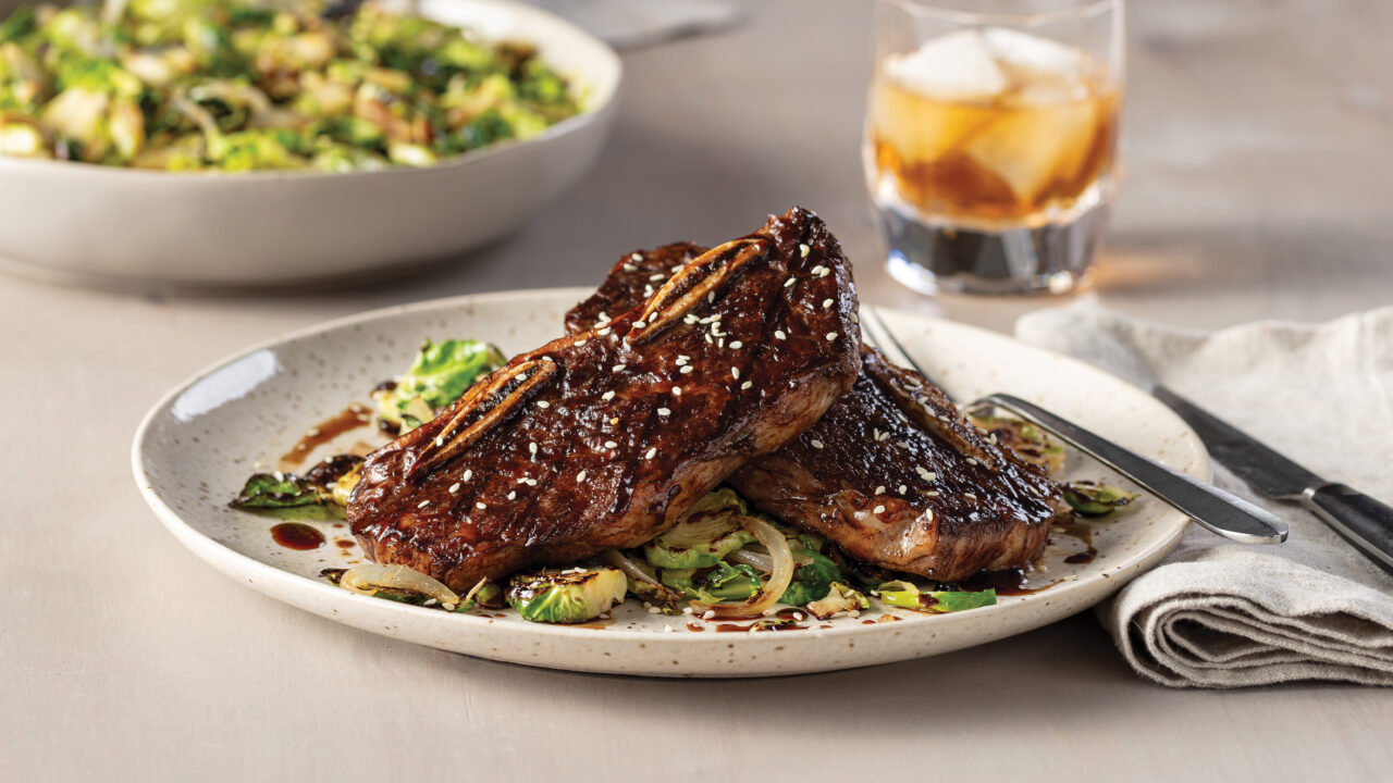 Pomegranate-Molasses Short Ribs With Szechuan-Shaved Brussels Sprouts Sauté