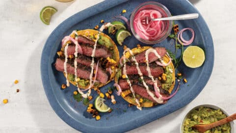 Grilled Flat Iron Steak Tostada with Coconut-Chili Mayo and Guacamole ...